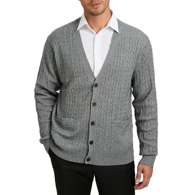 Kallspin Men’s Wool Blend V-Neck Cable-Knit Cardigans Sweaters (Light ...