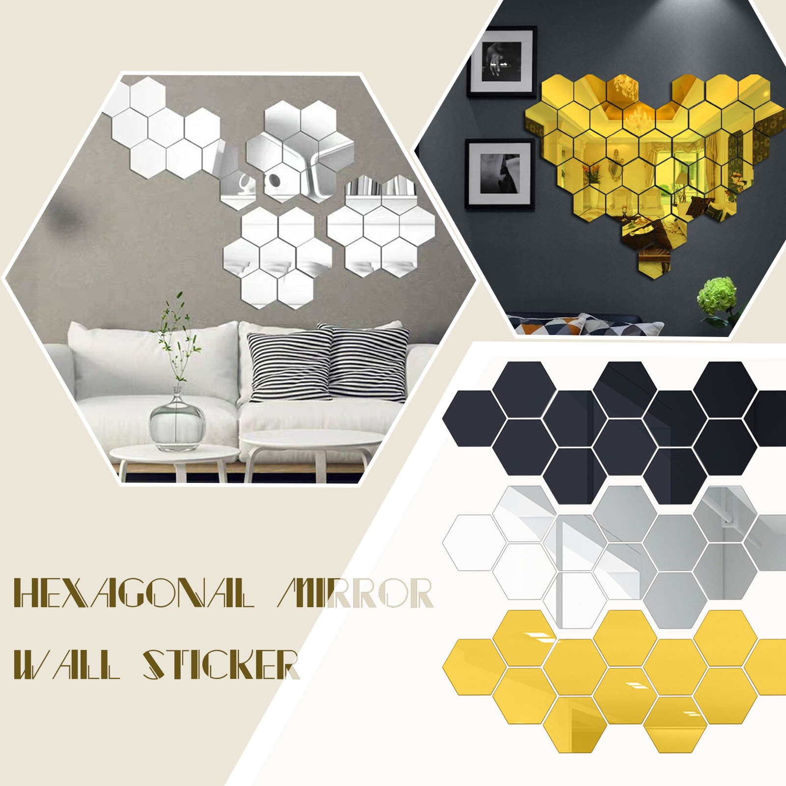 Kaloaede Hexagon Mirror Wall Sticker Set Decorative Acrylic Home Decals ...