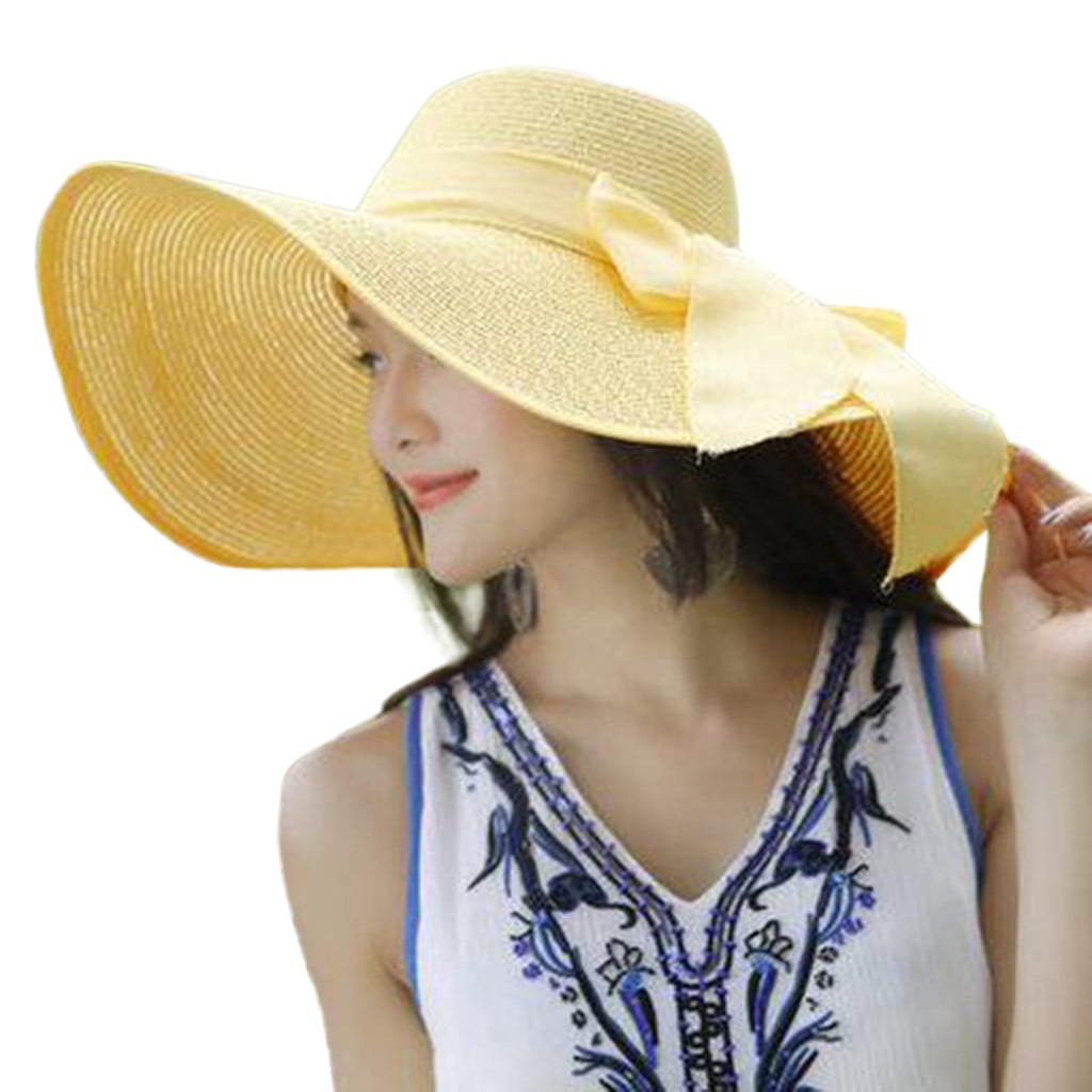 Kaloaede Women Big Brim Straw Hat Sun Floppy Wide Brim Hats New Bowknot
