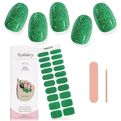 Kalolary 20PCS Cured Gel Nail Wrap Nail Polish Strip, Glitter Green ...