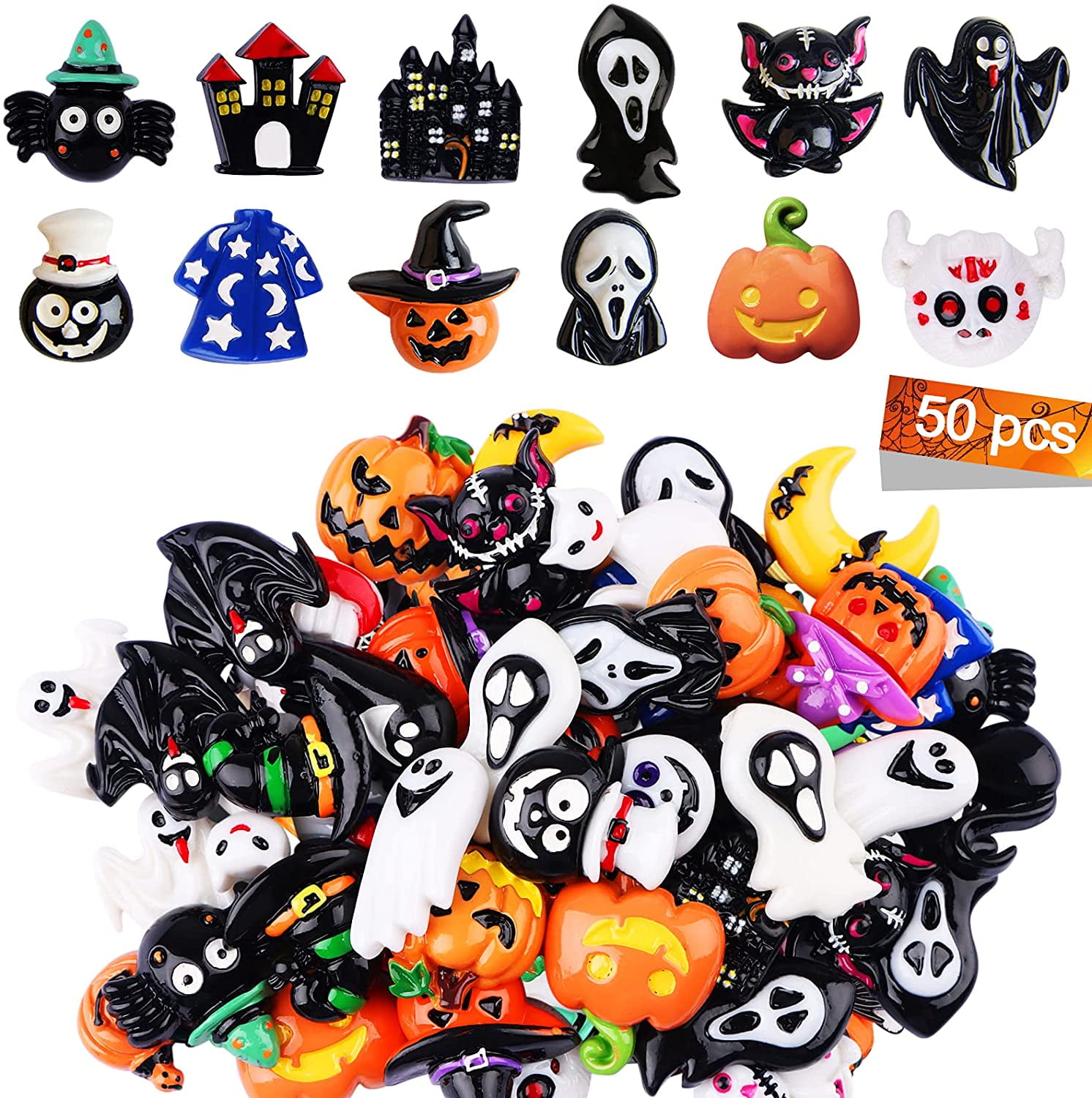 Kalolary 50PCS Halloween Slime Charms, Resin Flatback Pumpkin, Ghost ...