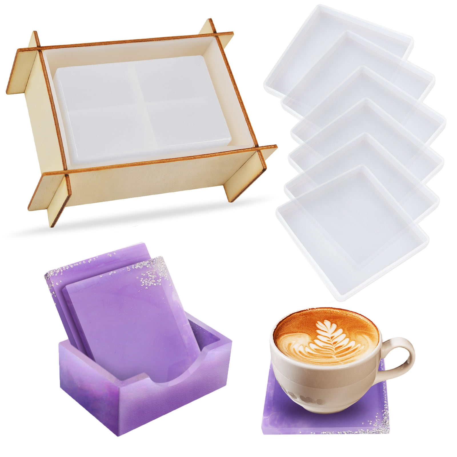 Kalolary 6PCS Square Coaster Resin Molds with Coaster Storage Box Mold ...