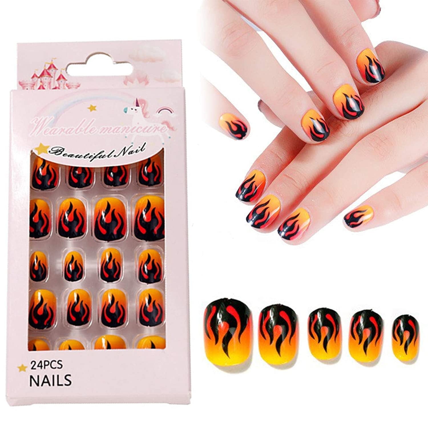 Kalolary False Nail, 24PCS Flame False Nail Small-size Fake Fire Nails ...