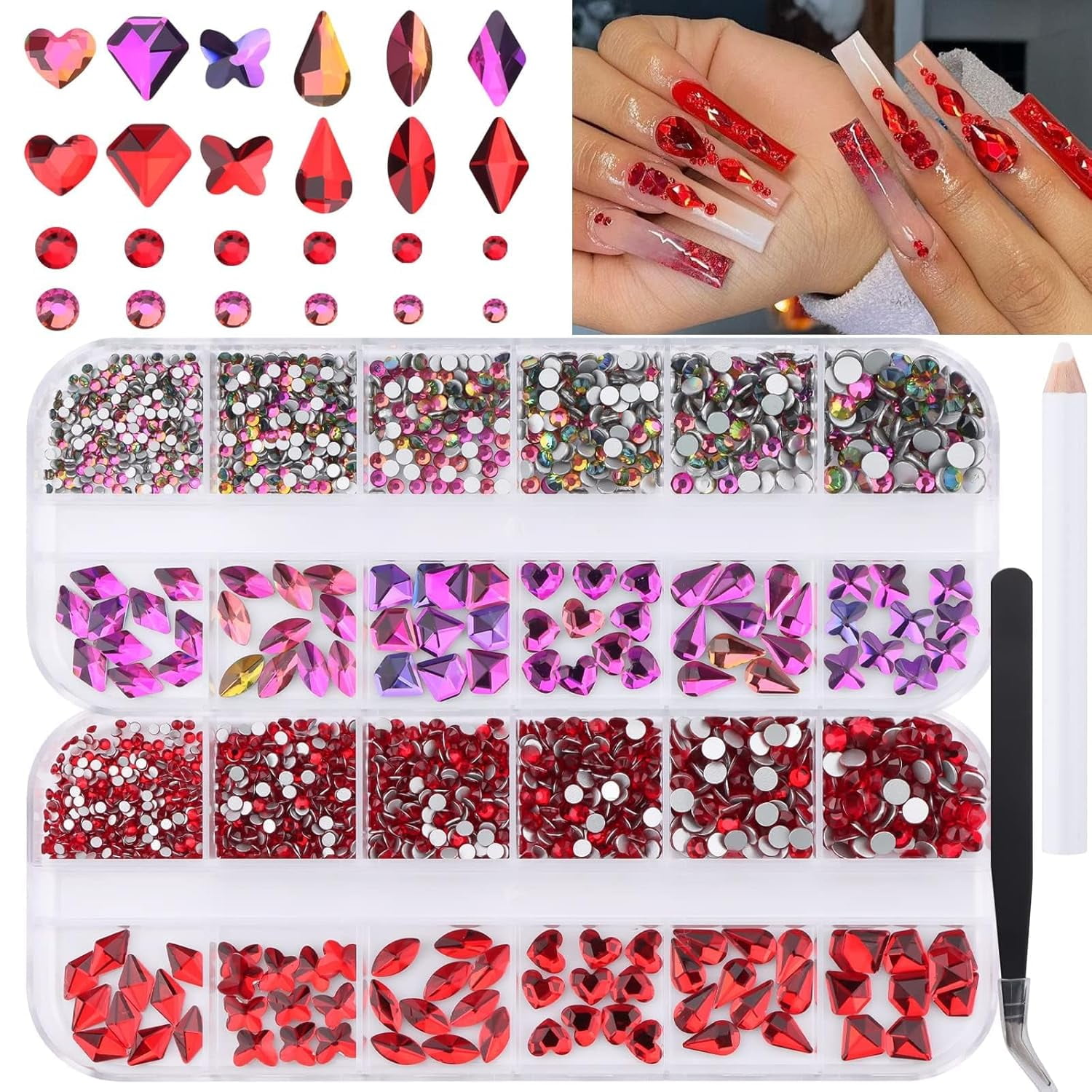 Kalolary Red Crystal Nail Rhinestones Pink Glass Gems Charm 3D Flatback ...