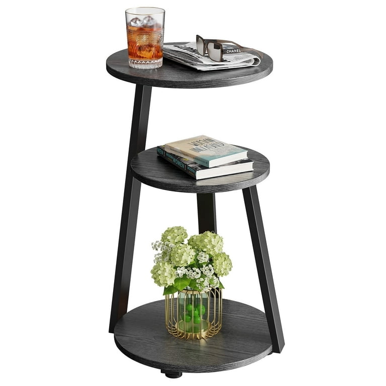 Biemlerfn End Side Table Round Sofa Table with Metal Frame 3 Tier Coffee Table Nightstand for Home Black Grey