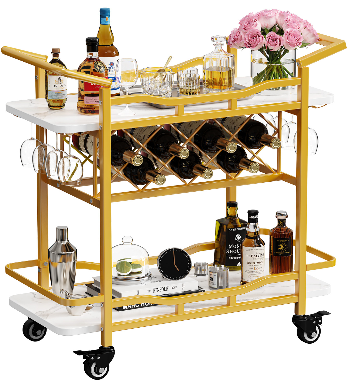 Large Wooden 3 Tier Rolling Table Cart with 2 Wheels for Home Decor ...