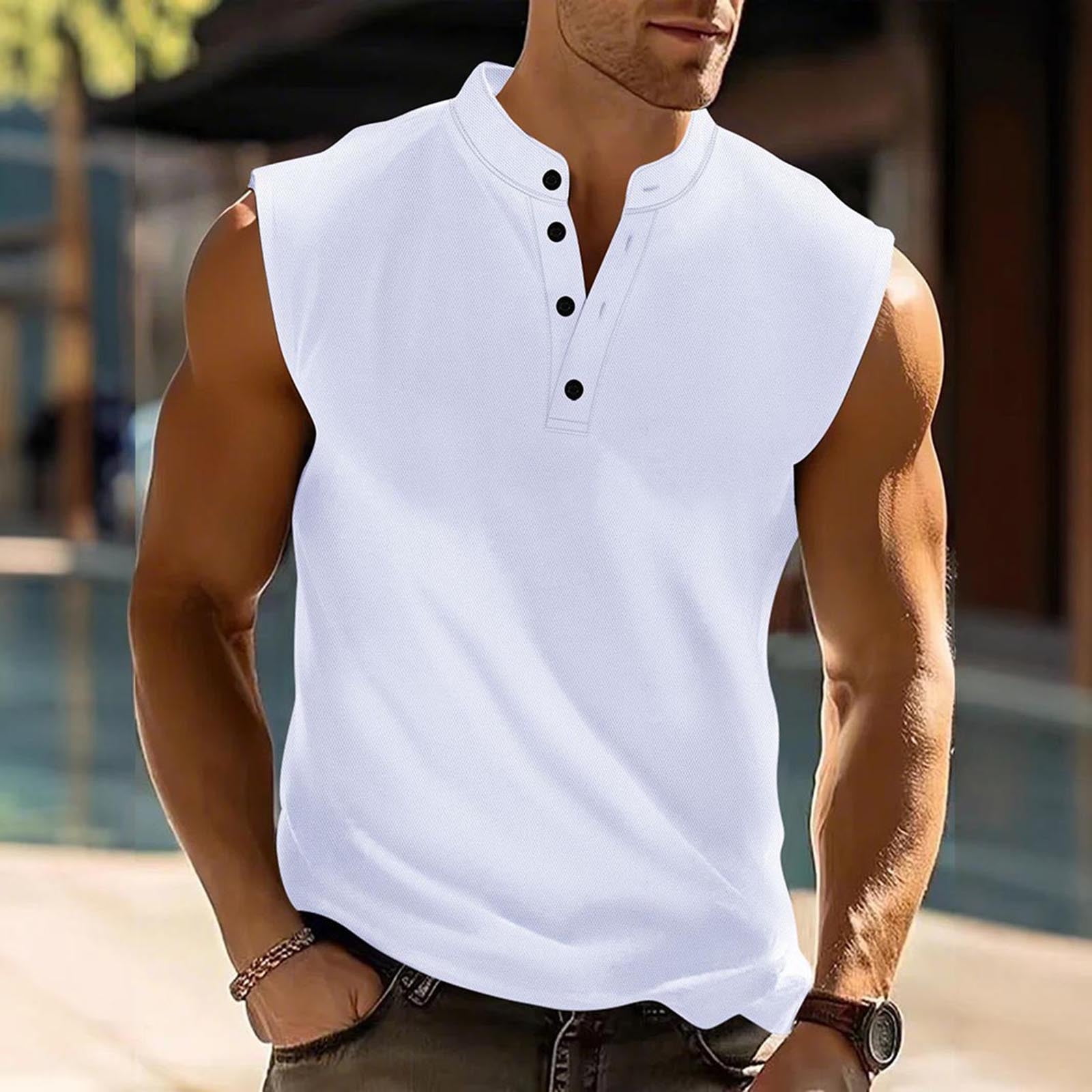 Kaluayu Mens Muscle Tank Tops Sleeveless Workout Gym Band Collar Henley ...