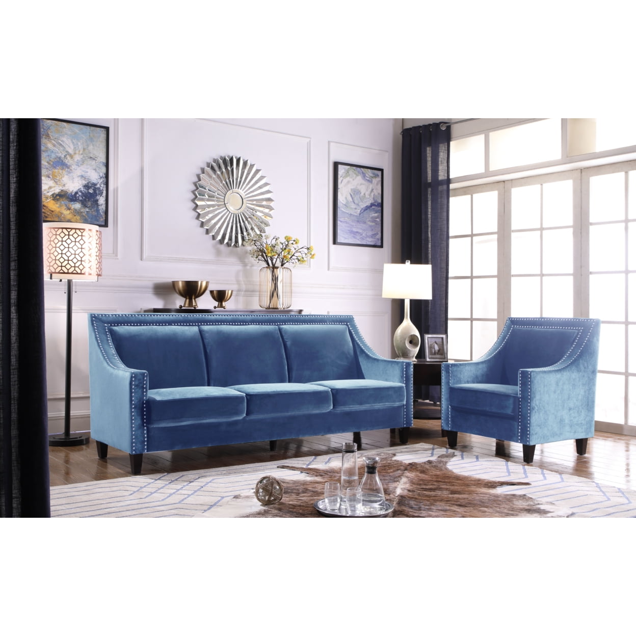 Kam Sofa Velvet Upholstered Swoop Arm Silver Nailhead Trim Espresso ...