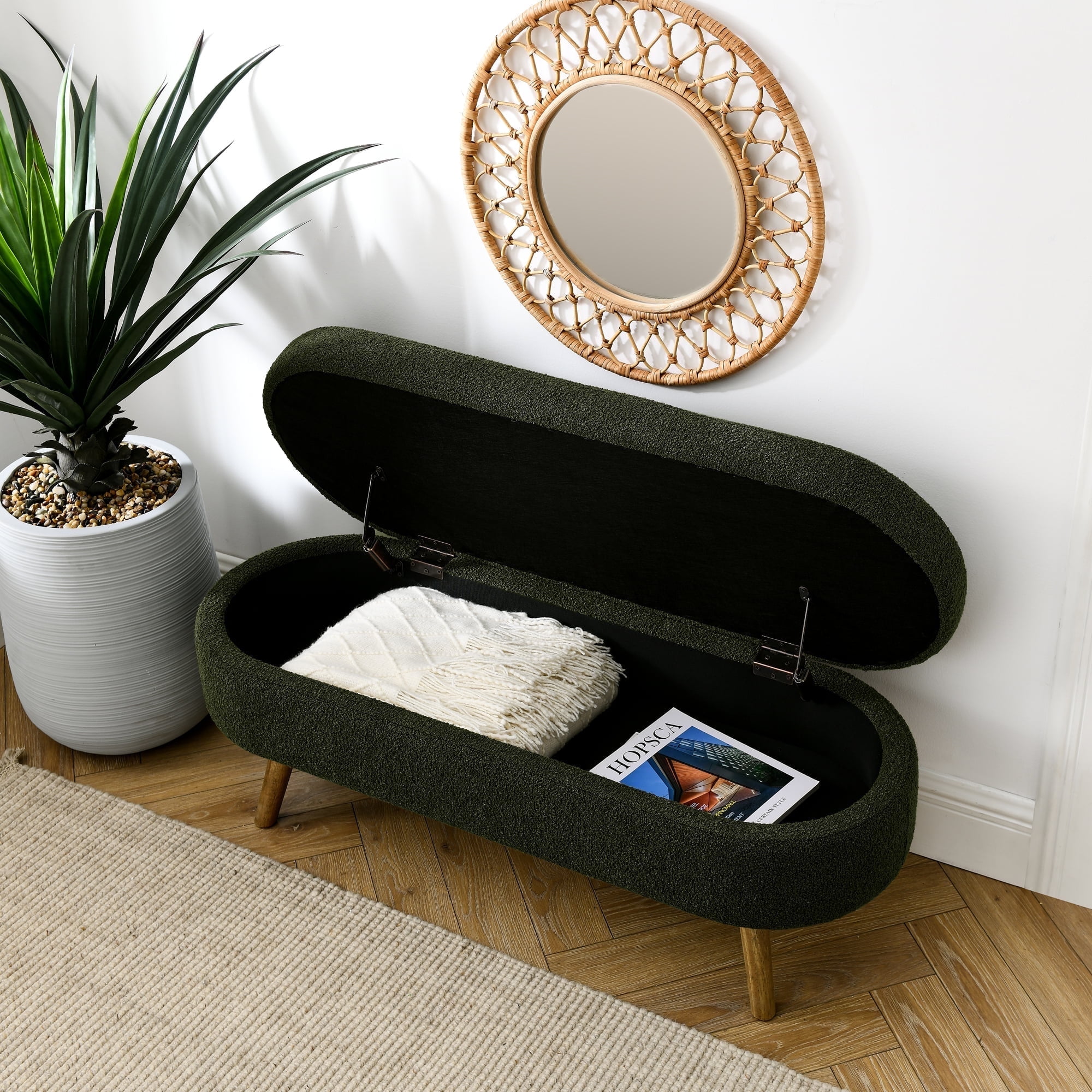 Kamsly 43.5" Oval Entryway Storage Bench, Linen Upholstered Storage ...