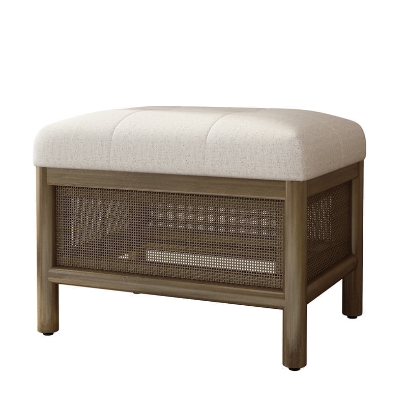 Kamsly Farmhouse Upholstered Ottoman with Rattan Panels, Rectangle ...