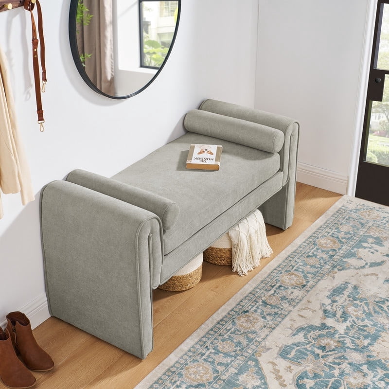 Kamsly Linen Upholstered Entryway Ottoman with Rolling Armrests and ...