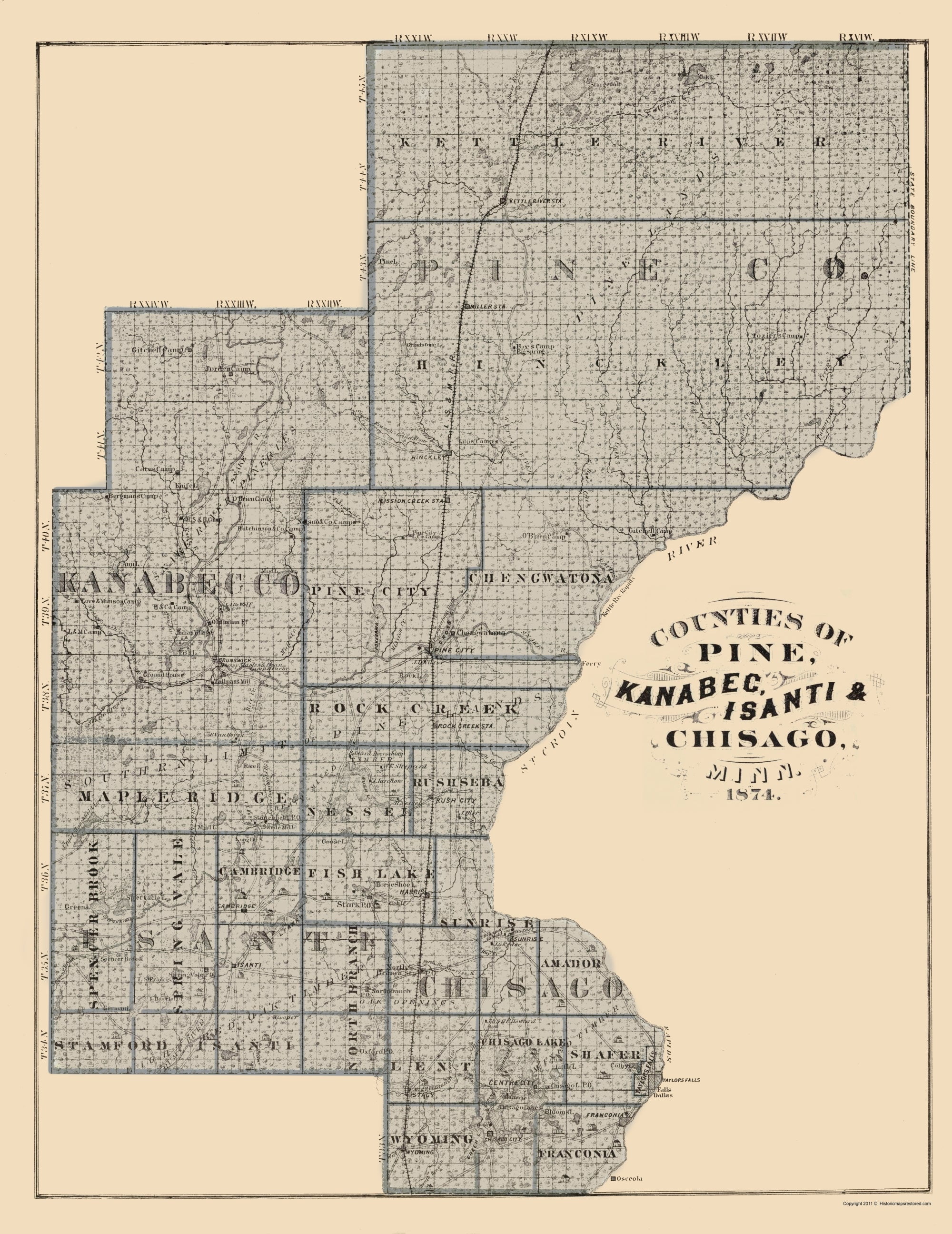 Historic County Map - Kanabec Isanti Chisago Counties Minnesota ...