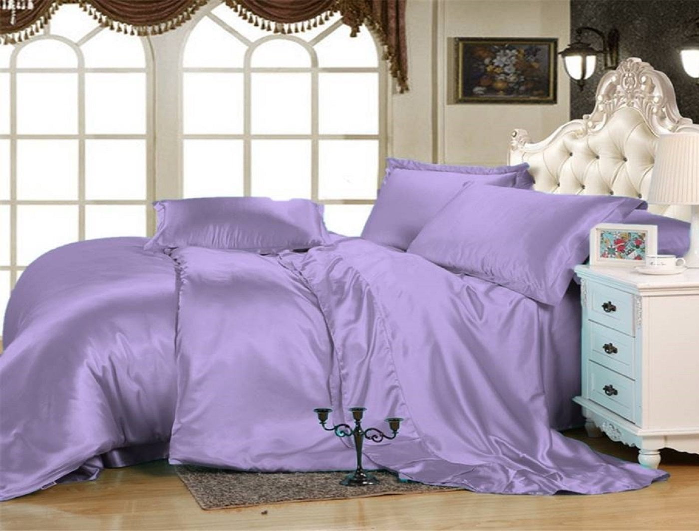 Kanak Bedding 100% Pure Silky Satin 4-Piece Bed Fitted with Duvet Set ...