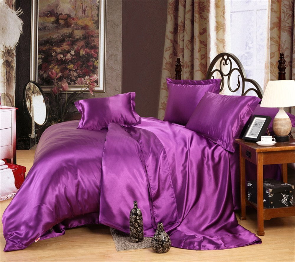Kanak Bedding 100% Pure Silky Satin 4-Piece Bed Fitted with Duvet Set ...