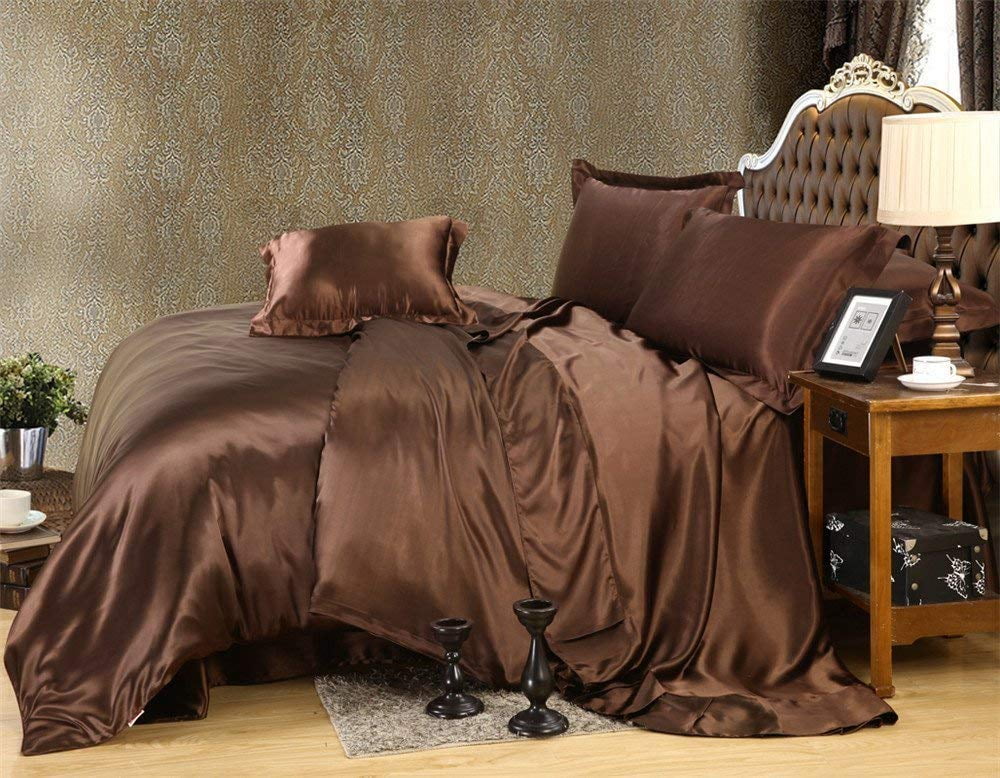 Kanak Bedding 100% Pure Silky Satin 4-Piece Bed Fitted with Duvet Set ...