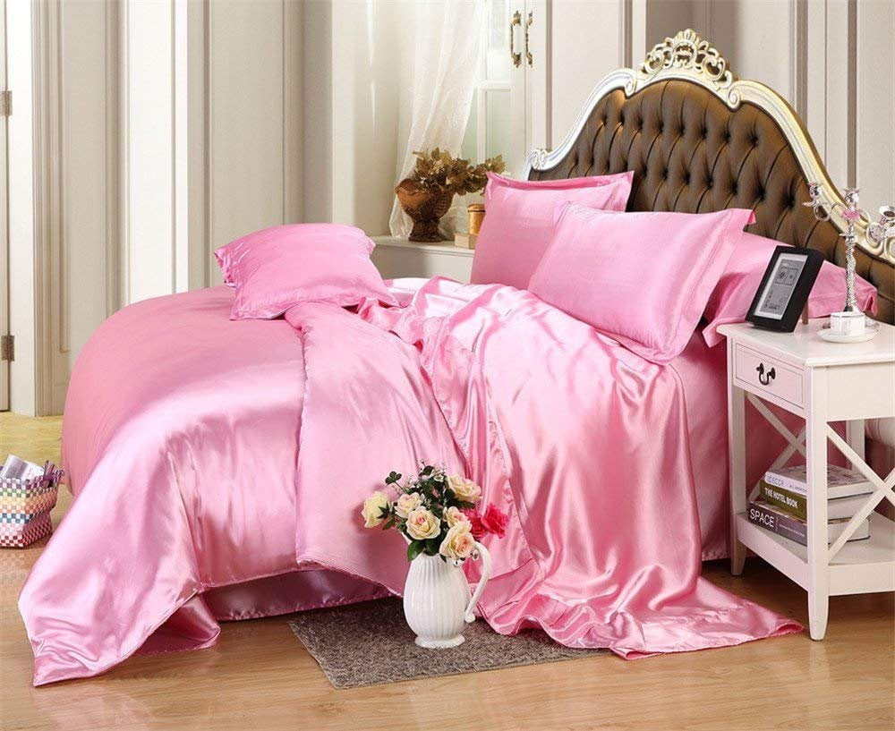 Kanak Bedding 100% Pure Silky Satin 4-Piece Bed Fitted with Duvet Set ...