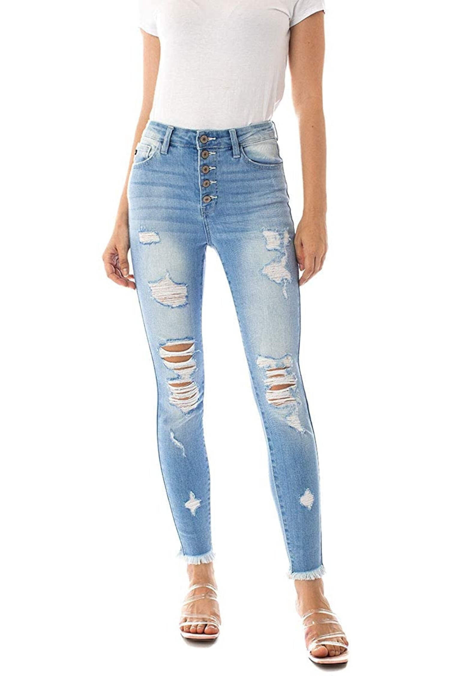 Kancan - Women's High Rise Button Fly Distressed Super Skinny Jeans ...
