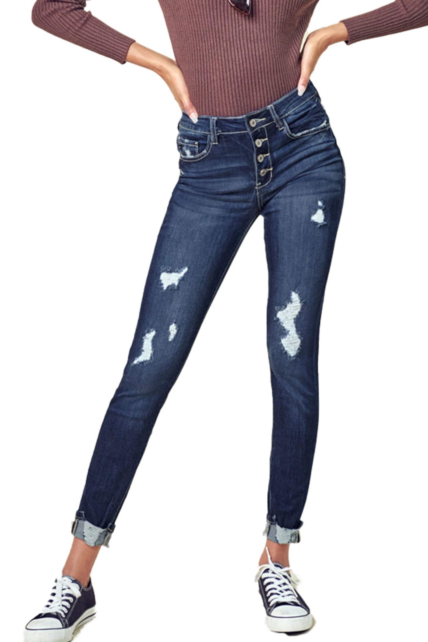 Kancan - Women's Stretchy Five Pocket Distressed High Waist Jeans - ST ...