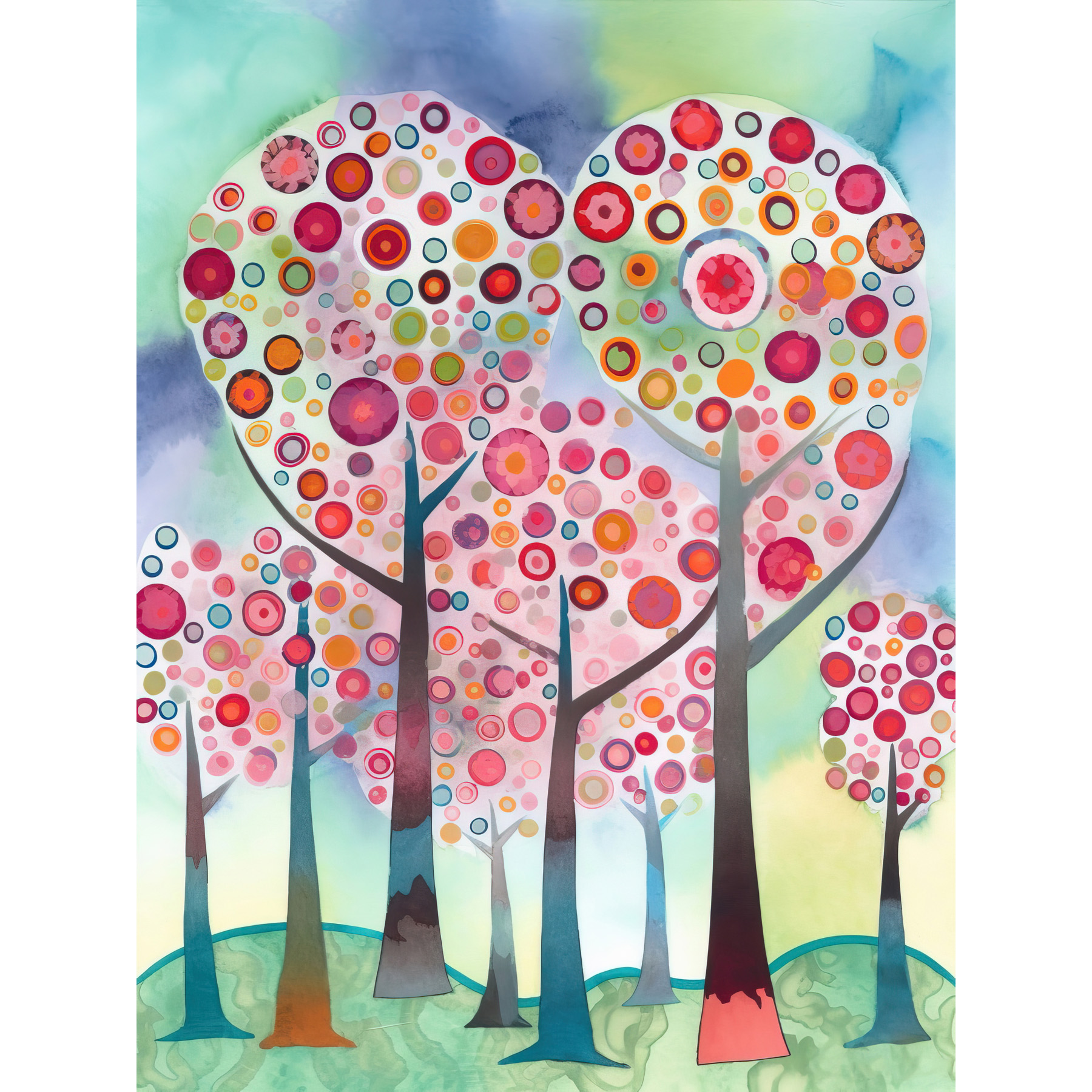 Kandinsky Inspired Trees Blooming in Spring Folk Art Watercolour ...