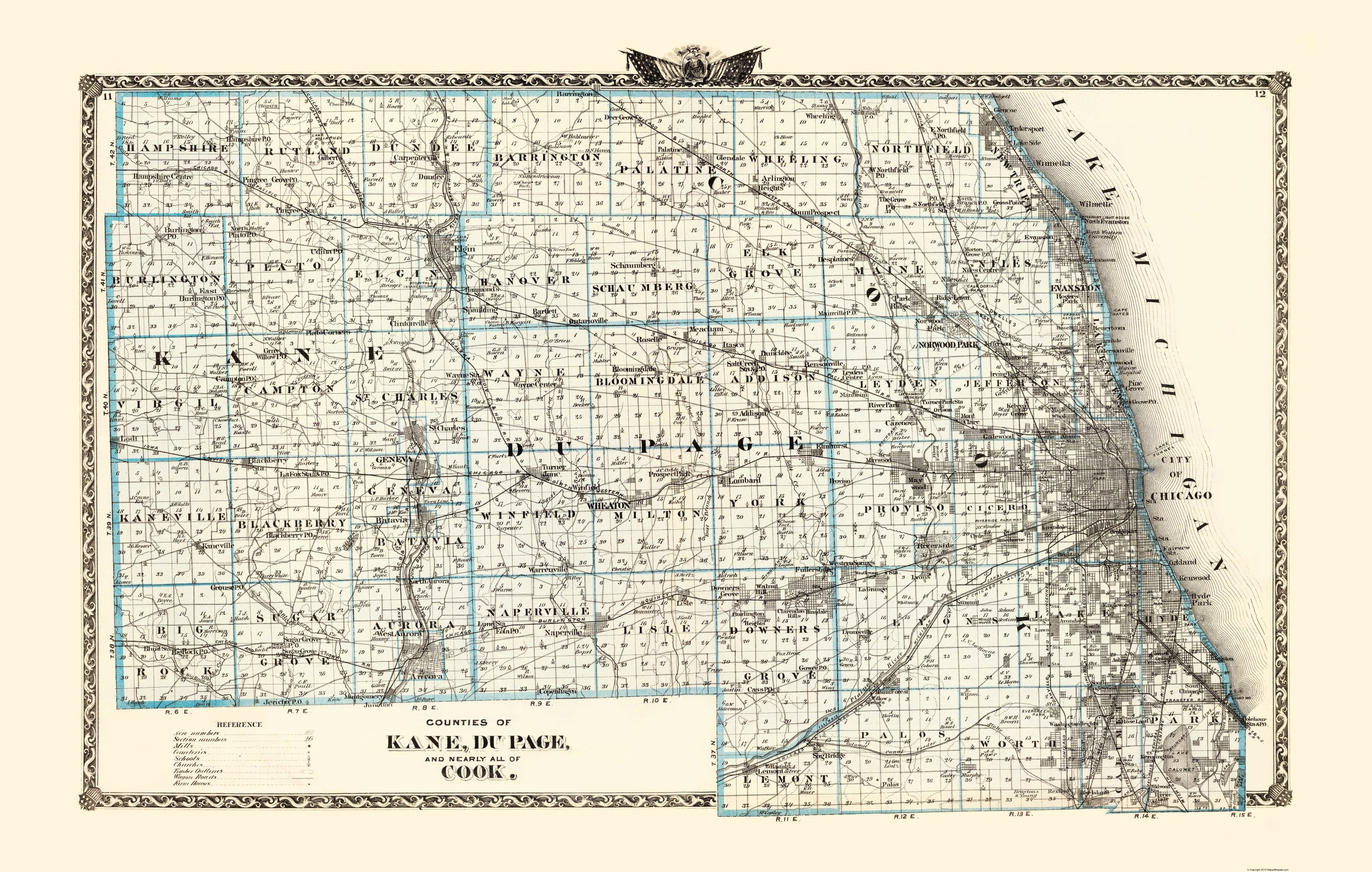 Historic County Map - Kane Du Page Cook Counties Illinois - Warner 1876 ...