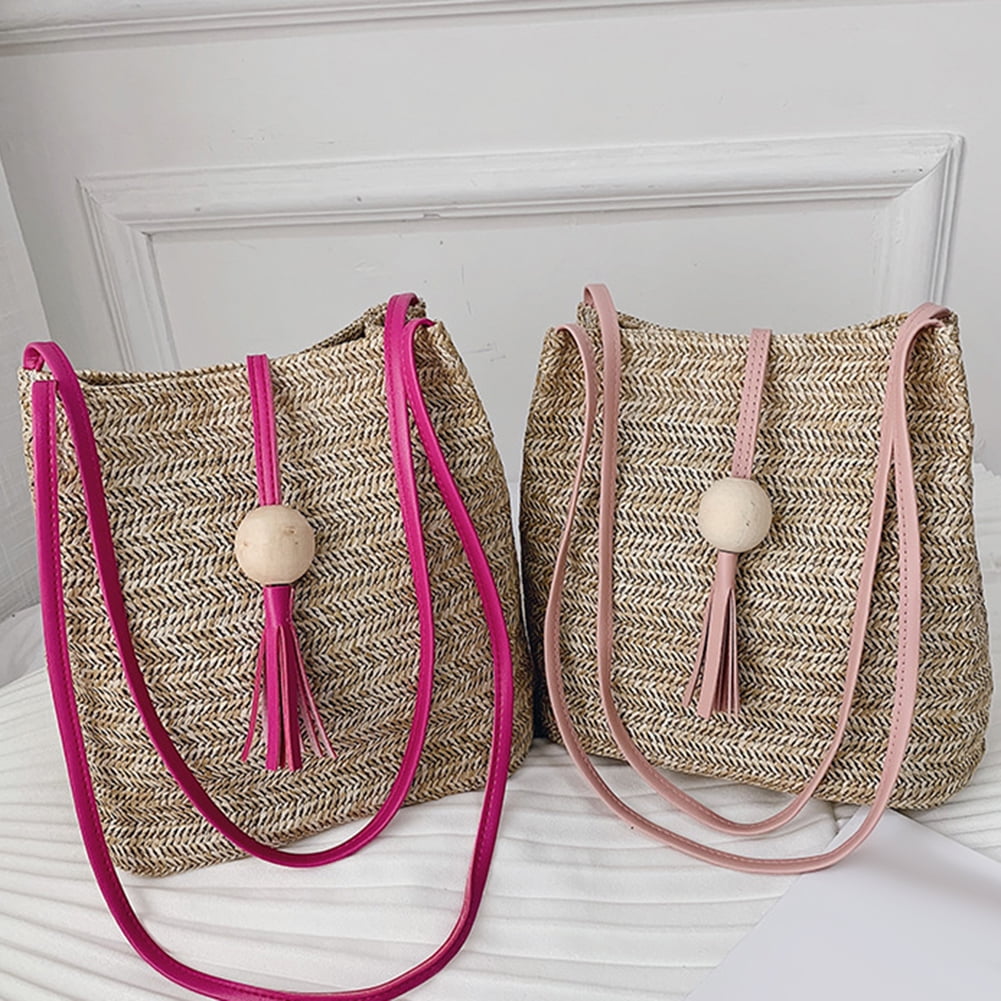 KangQi Summer Beach Women Straw Weave Handbag Wooden Ball Tassel Tote ...