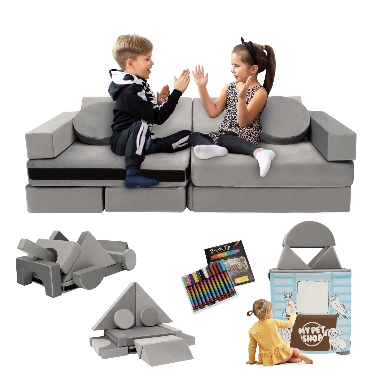 Kangaroo Hoppers 14PCS Kids Modular Play Couch, Convertible Kids Sofa ...