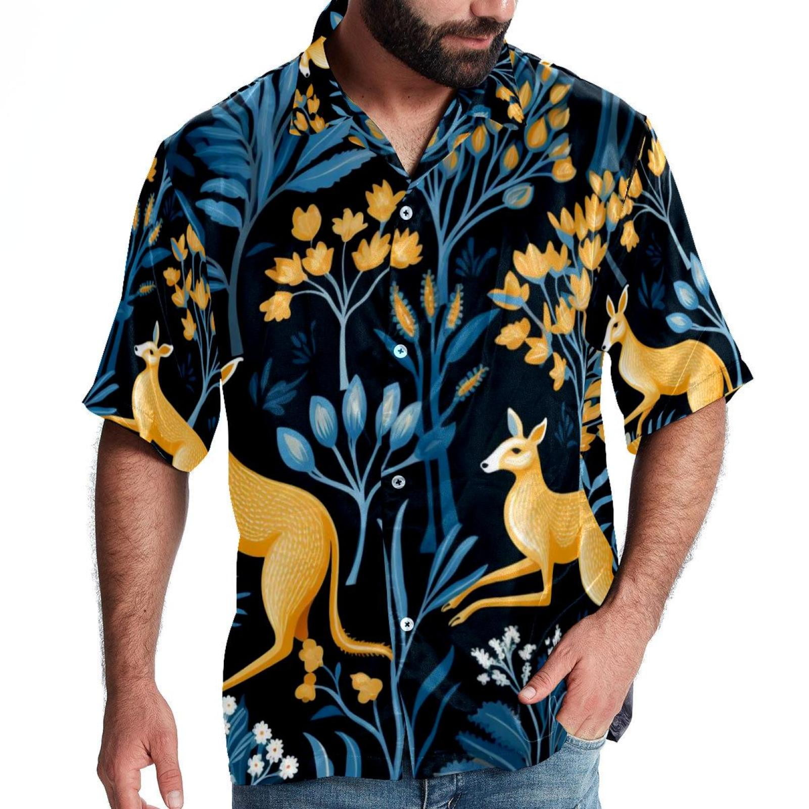 Kangaroo Mens Short Sleeve Printed Button Down Beach Casual Poplin