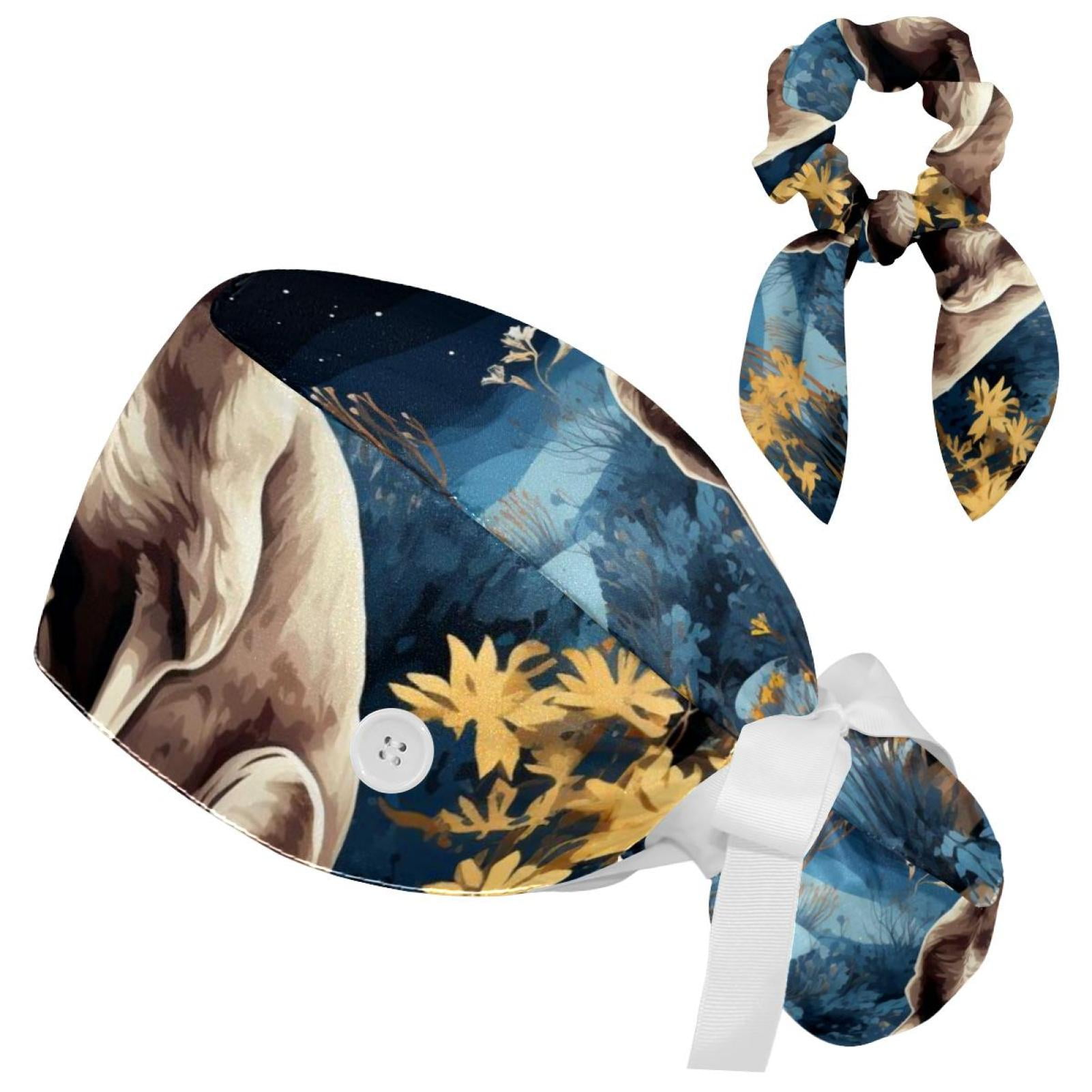 Kangaroo Women Surgical Cap with Buttons, Long Hair Scrub Hat with Bow ...