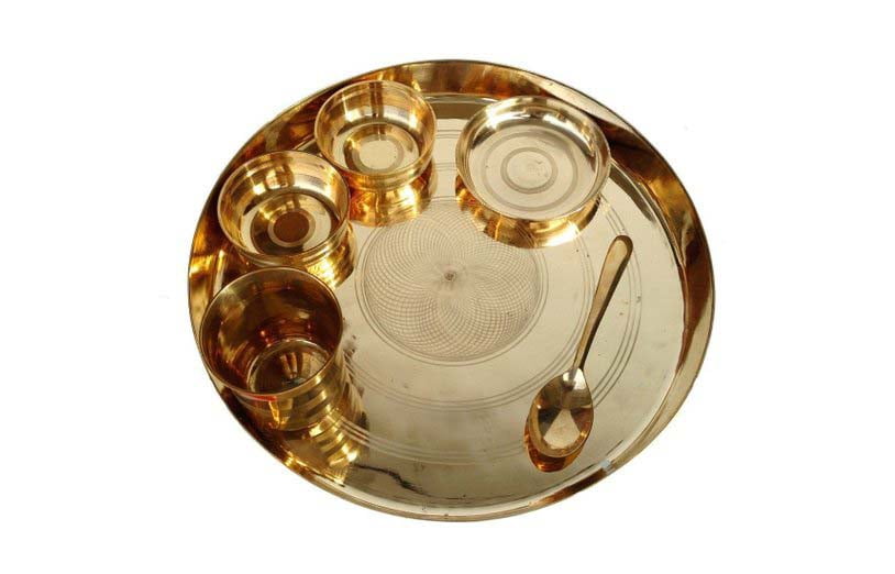 Kansa Utensil Bronze Dinner Thali Set (Gold) - Set of 6 (Pack of 1 ...