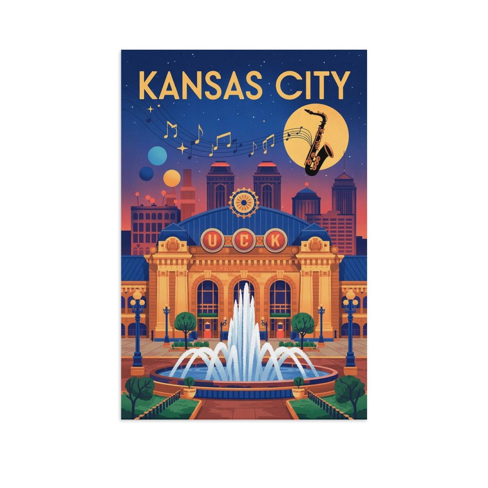 Kansas City Fountains Classic Poster Retro Cityscape with Musical ...