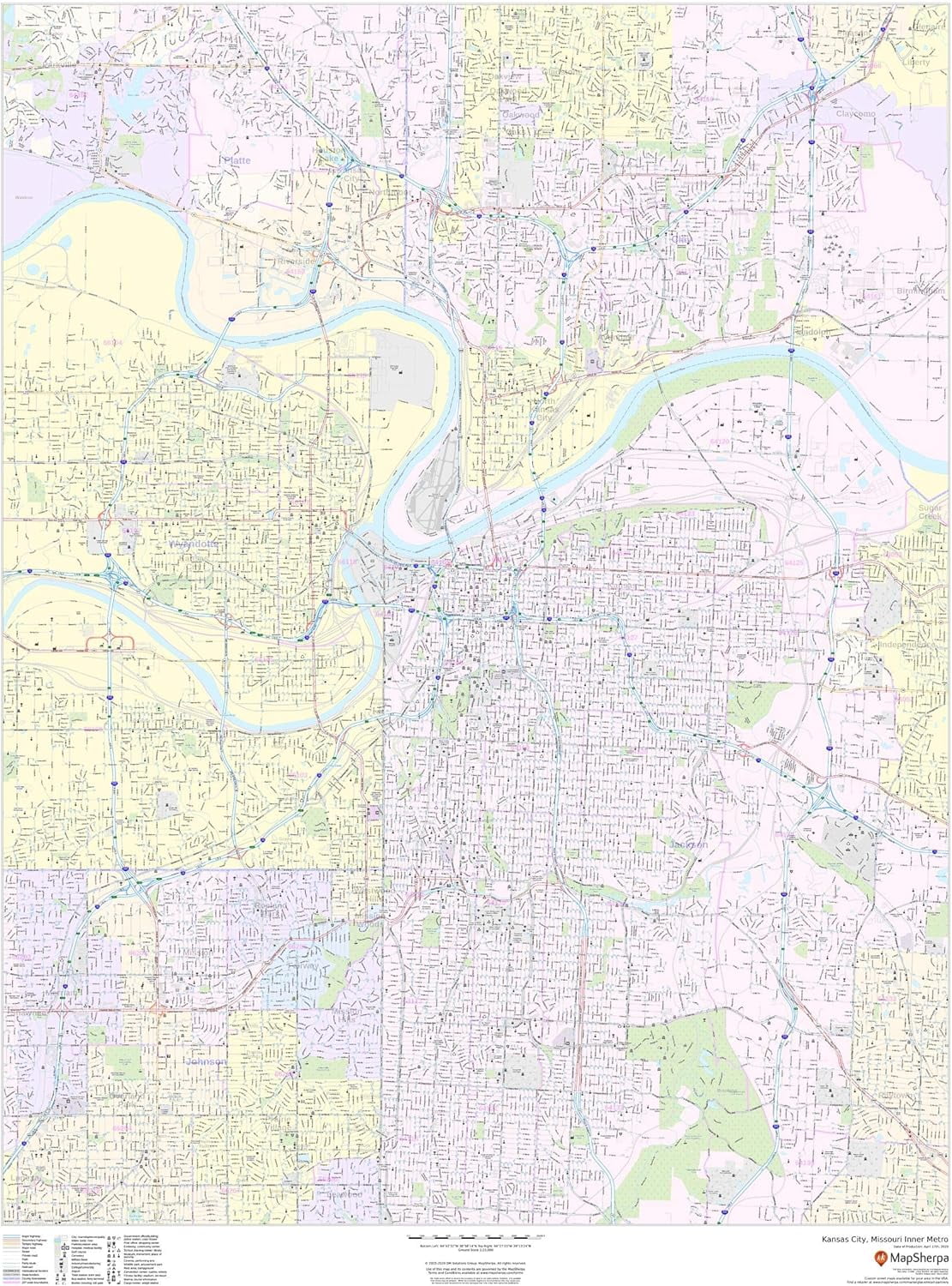 Kansas City, Missouri Inner Metro - Portrait - 36" x 48" Laminated Wall ...