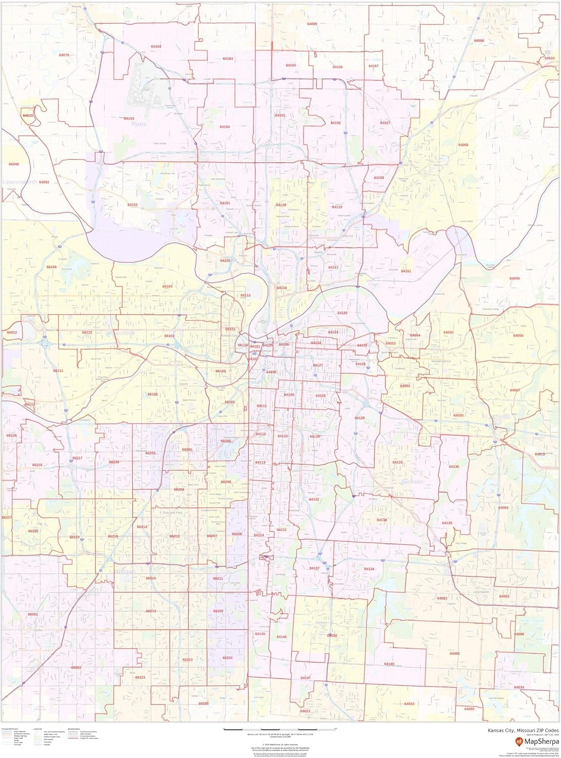 Kansas City, Missouri Zip Codes - 36" x 48" Matte Plastic Wall Map ...