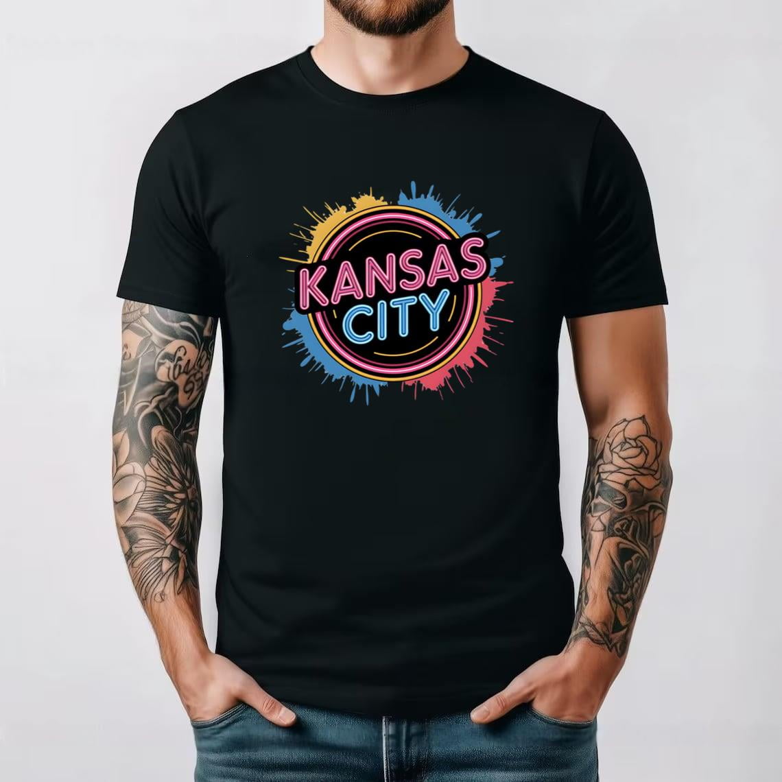 Kansas City Neon Glow Skyline Lights Urban Fan Celebration T-Shirt, for ...