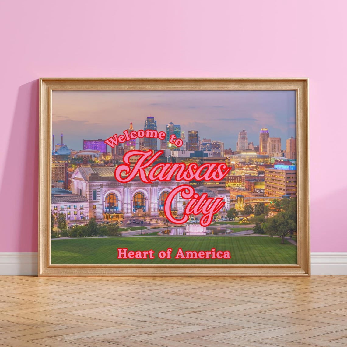 Kansas City Wall Art Print Pink And Red Kc Missouri Decor Retro Kansas ...