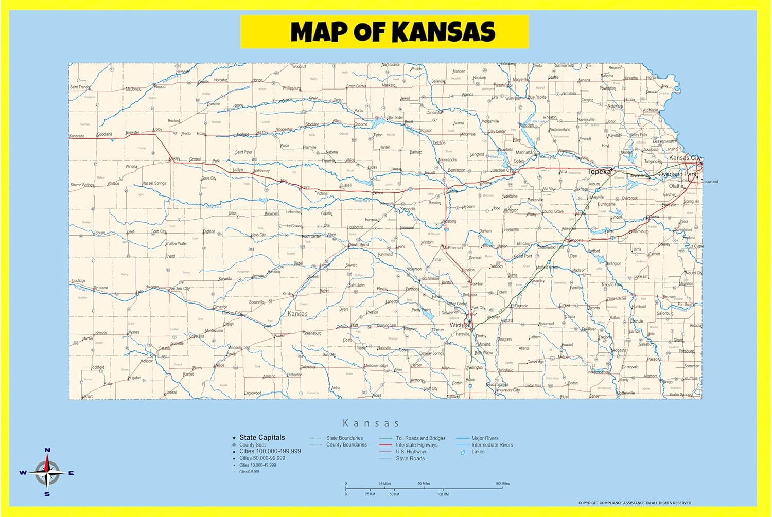 Kansas Map Poster - Laminated Wall Map - Style B - 36x60 - Ideal for ...