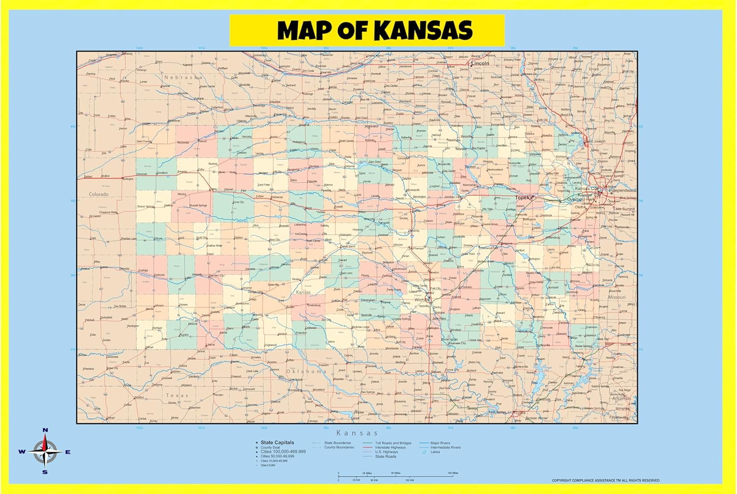 Kansas Map Poster - Laminated Wall Map - Style C - 20x30 - Ideal for ...