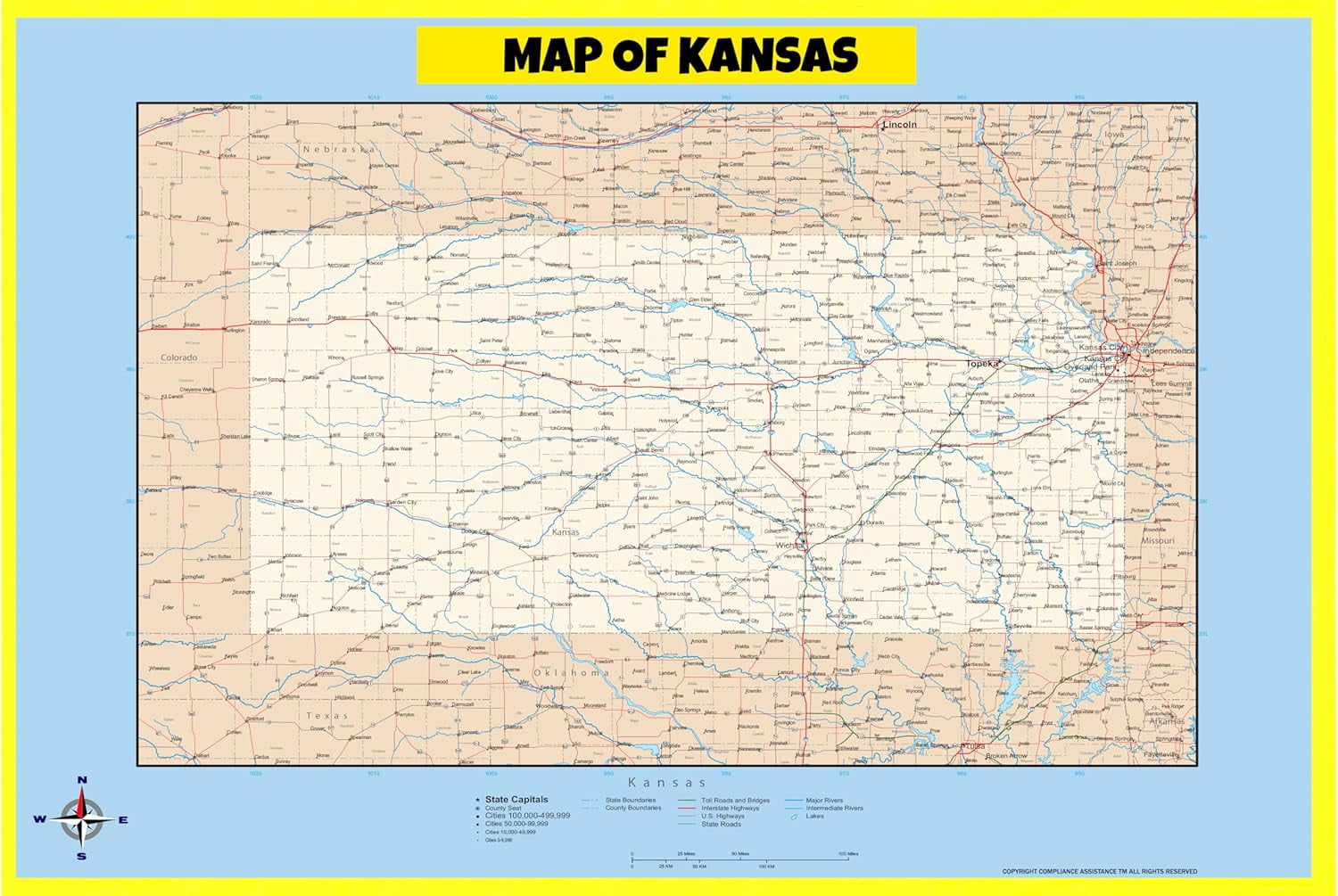 Kansas Map Poster - Laminated Wall Map - Style D - 24x36 - Ideal for Classrooms and Homes ...
