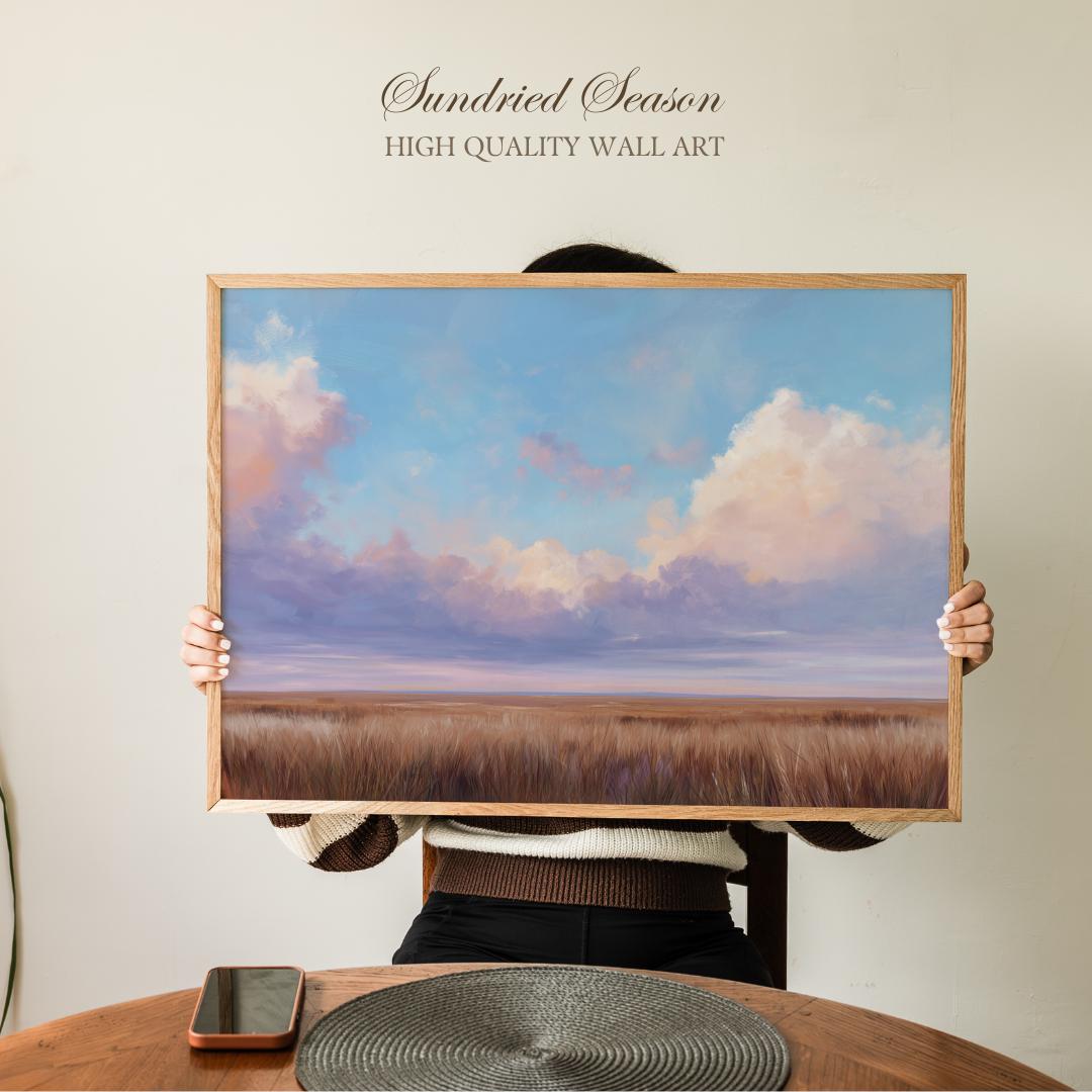 Kansas Prairie Sunset Landscape Print, Soft Pastel Sky & Golden Grass ...