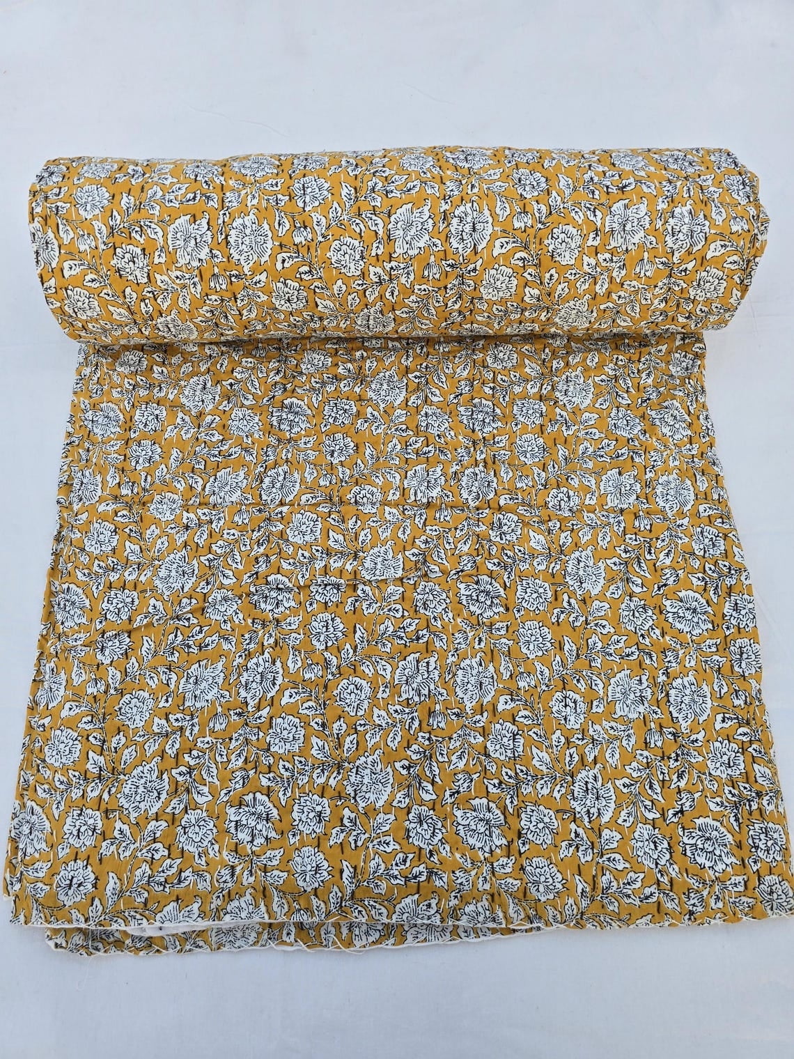 Kantha Quilt Handblock Print Indian Netural Colour floral print Quilt ...
