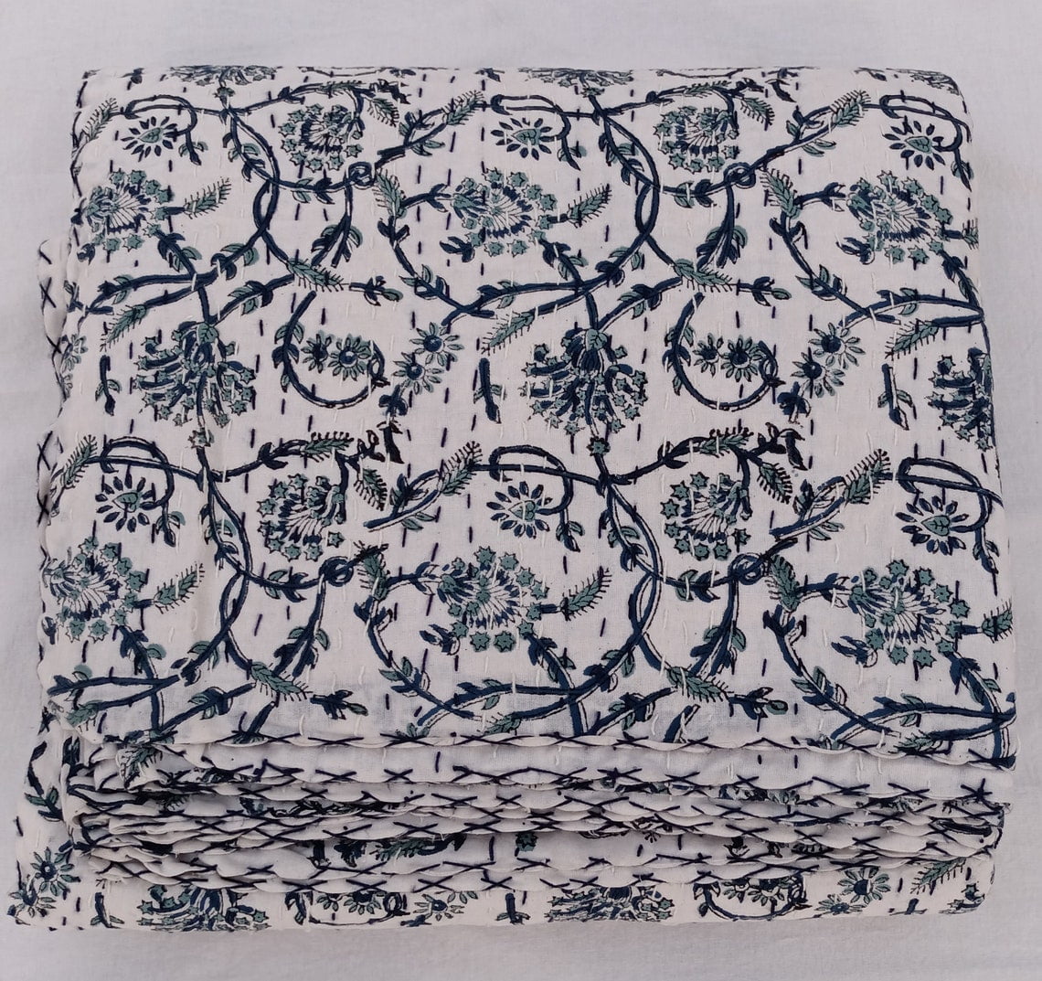 Kantha Quilt Handblock Print floral Kantha Indian Netural Colour Indian ...