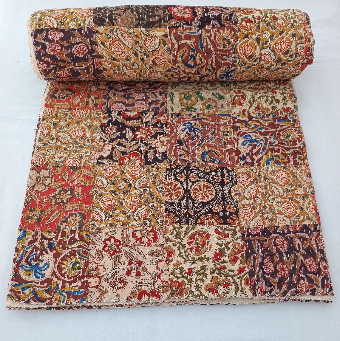 Kantha Quilt Handblock Print floral Kantha Indian Netural Colour Indian ...