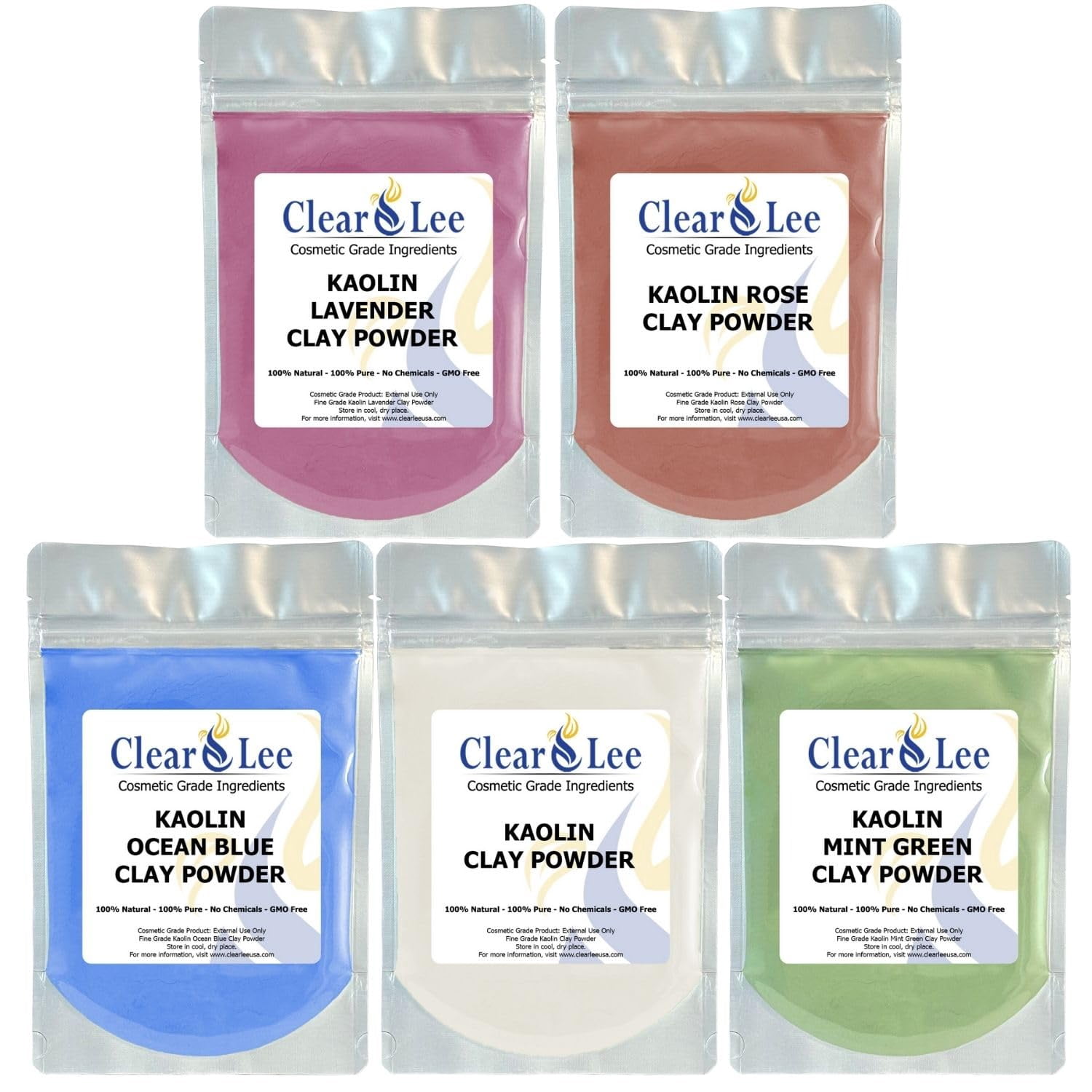 Kaolin Clay Cosmetic Grade Powder Sample 5 Pack (White, Rose, Ocean ...