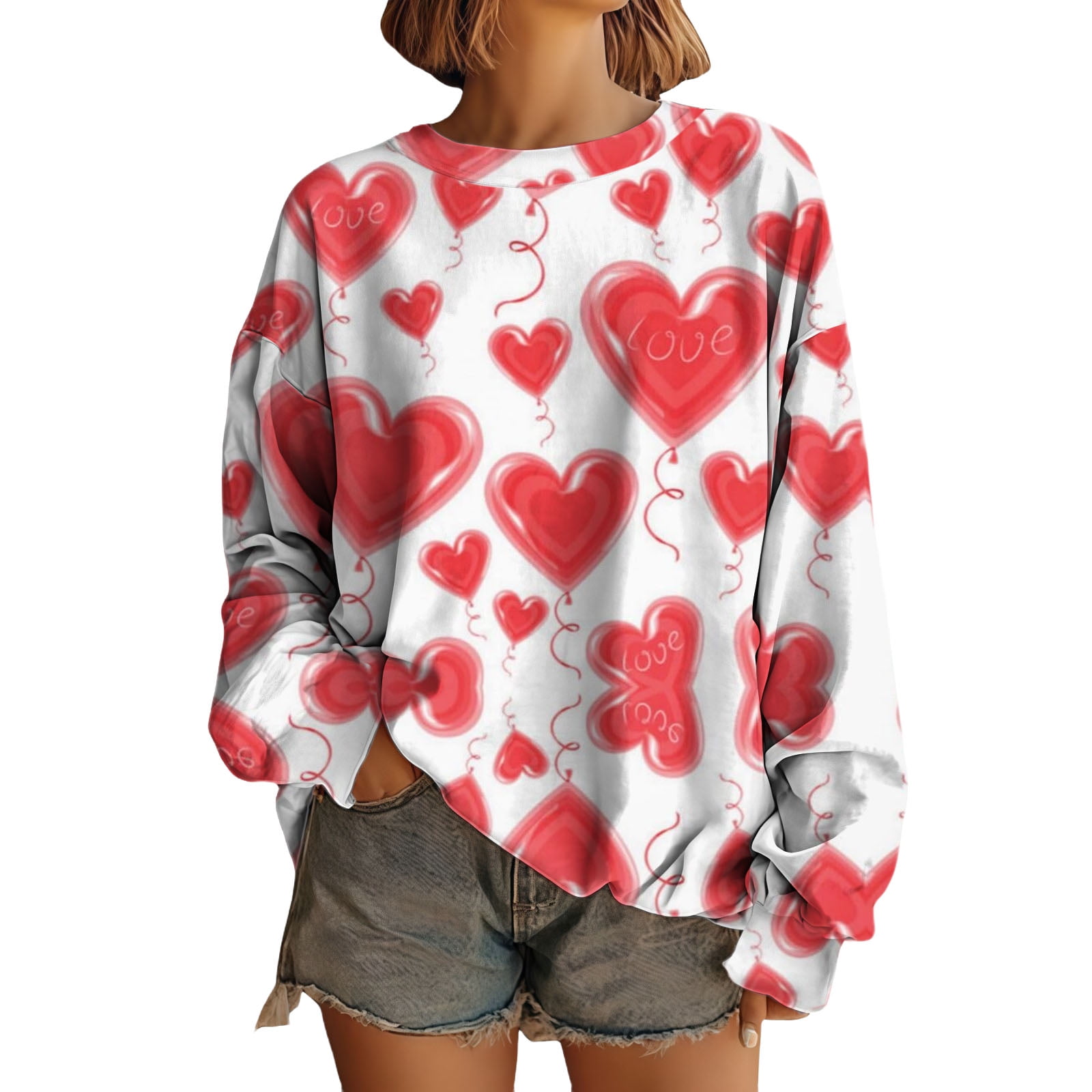 Kaondbfi Valentine's Day Solid Color Women's Sweatshirt Round Neck Long ...