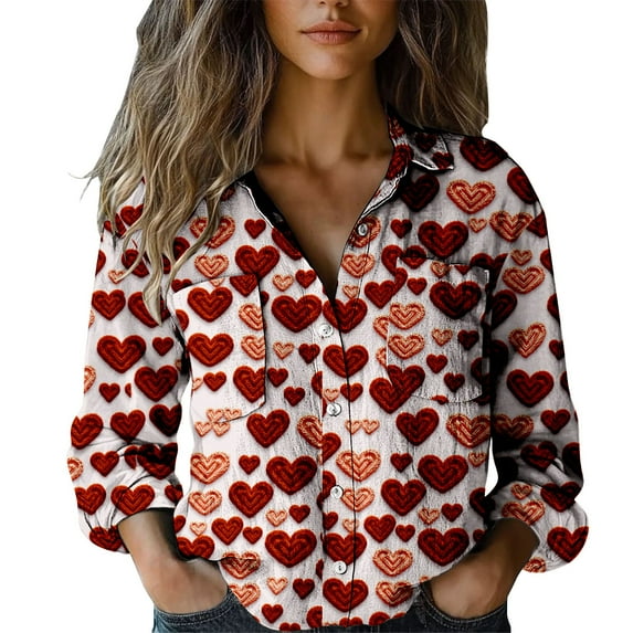 Kaondbfi Valentine's Day Women's Heart Print Long Sleeve Button Down ...