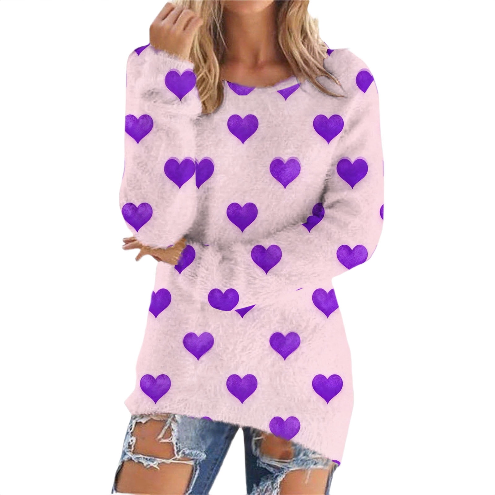 Kaondbfi Women Heart Print Sweater Valentine’s Day Pullovers Long ...