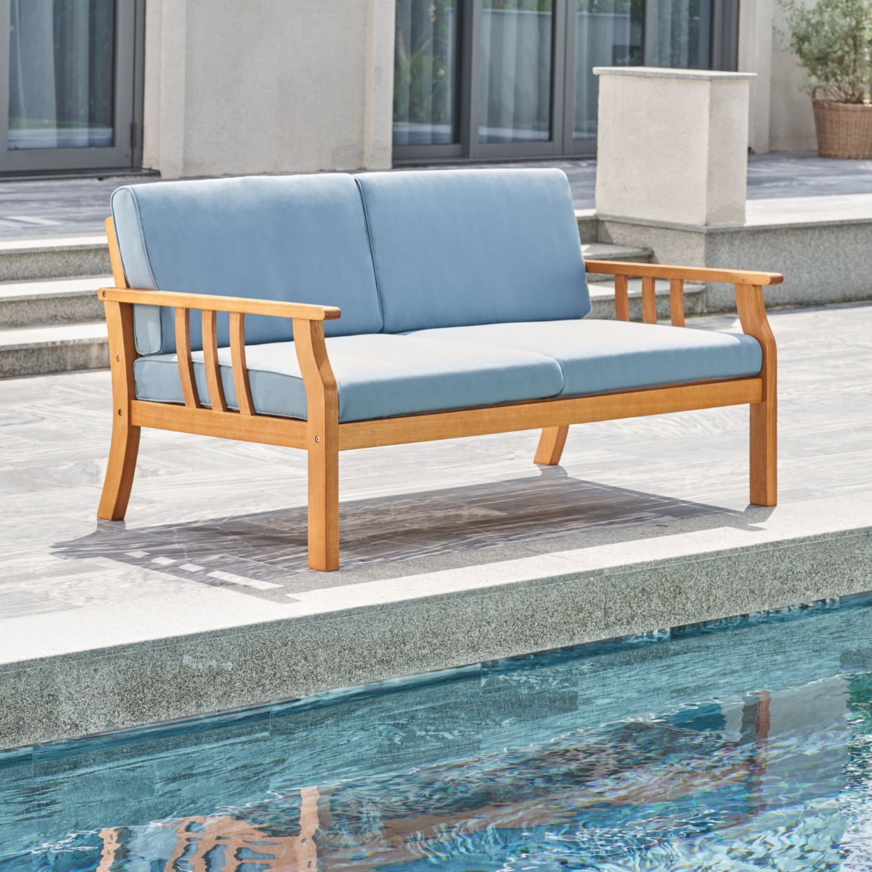 Kapalua Honey Nautical Acacia Hardwood Outdoor Sofa Bench with Cushion ...