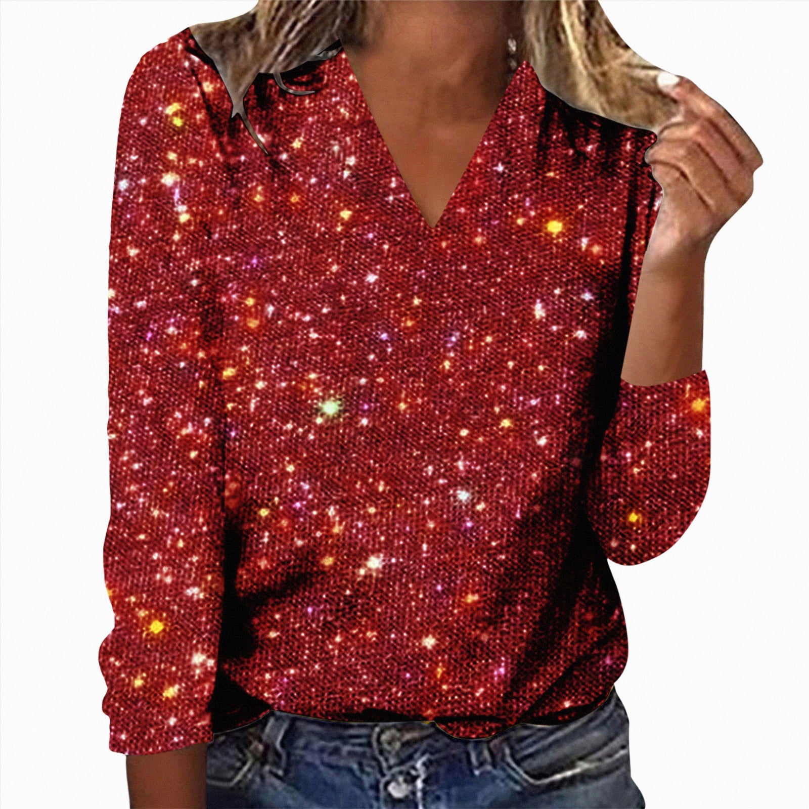 Kaprioy Long Sleeve Sequin Tops for Women Round Neck Party Blouse Fall ...