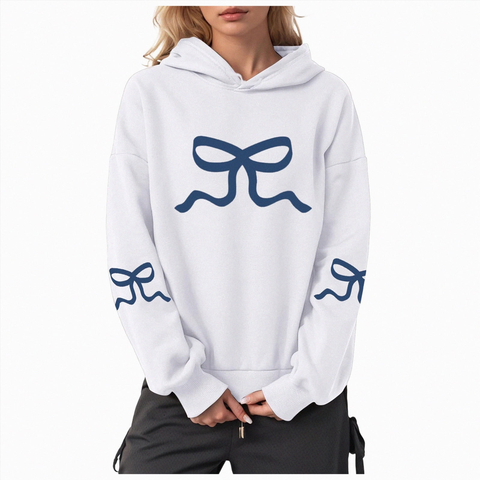 Kaprioy Womens Bow Graphic Hoodie Cute Bow Sweater Oversized Long ...