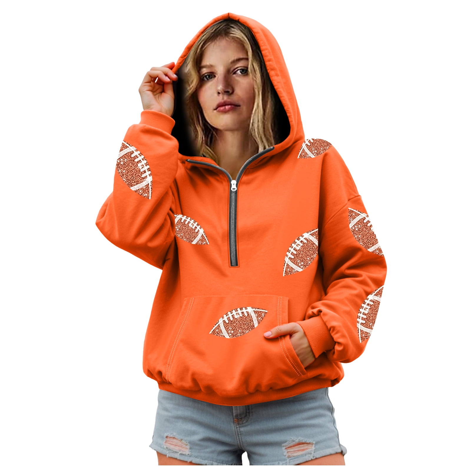 Kaprioy Womens Game Day Sweatshirts Football Sequin Graphic Half Zip ...