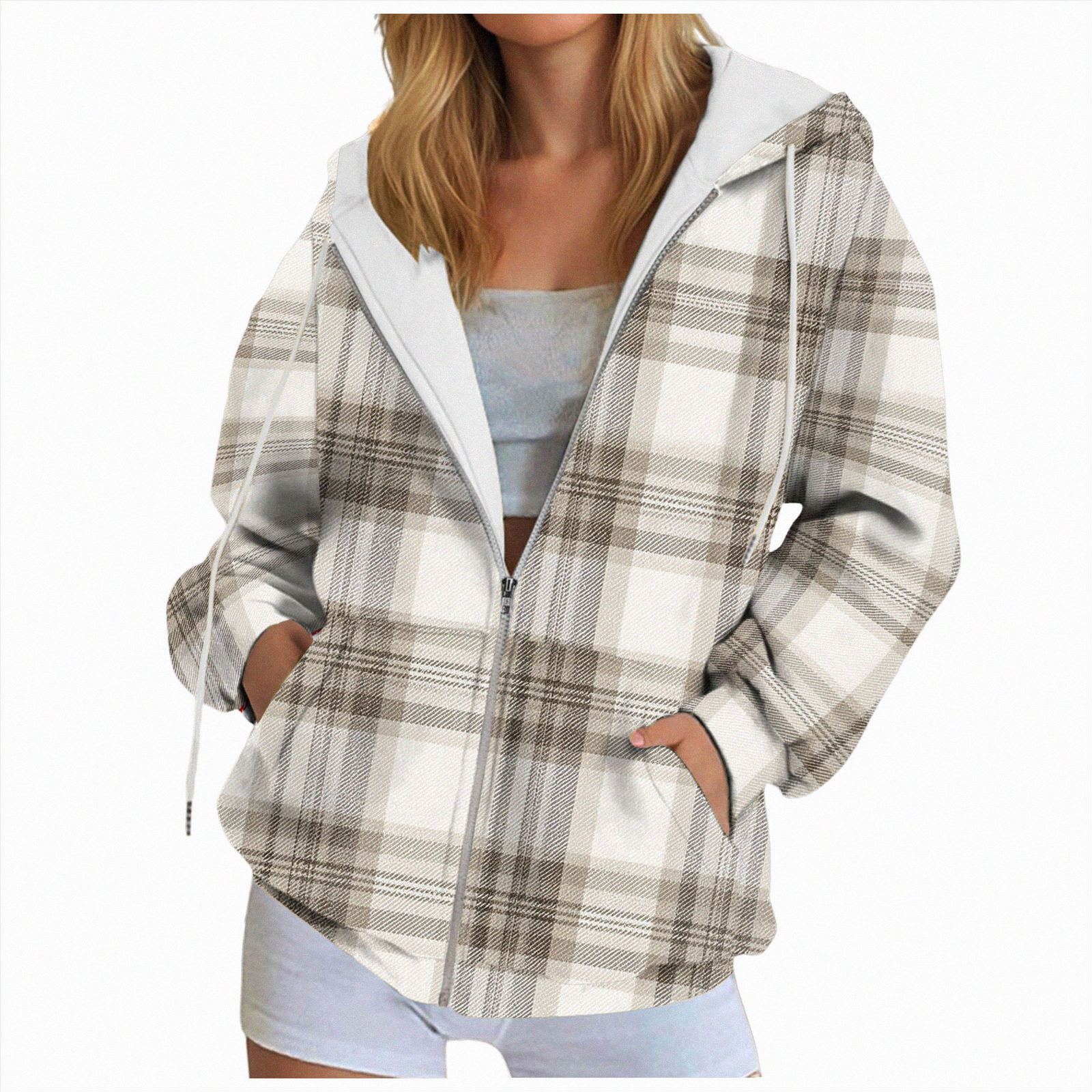 Kaprioy Womens Plaid Shacket Hoodies Sherpa Fleece Lined Oversized Zip ...